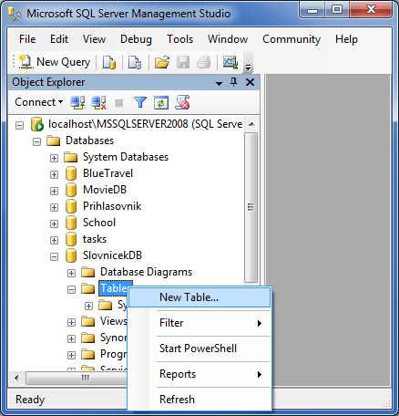 9. diel - Vytvorenie databázy v MS SQL Management Studio